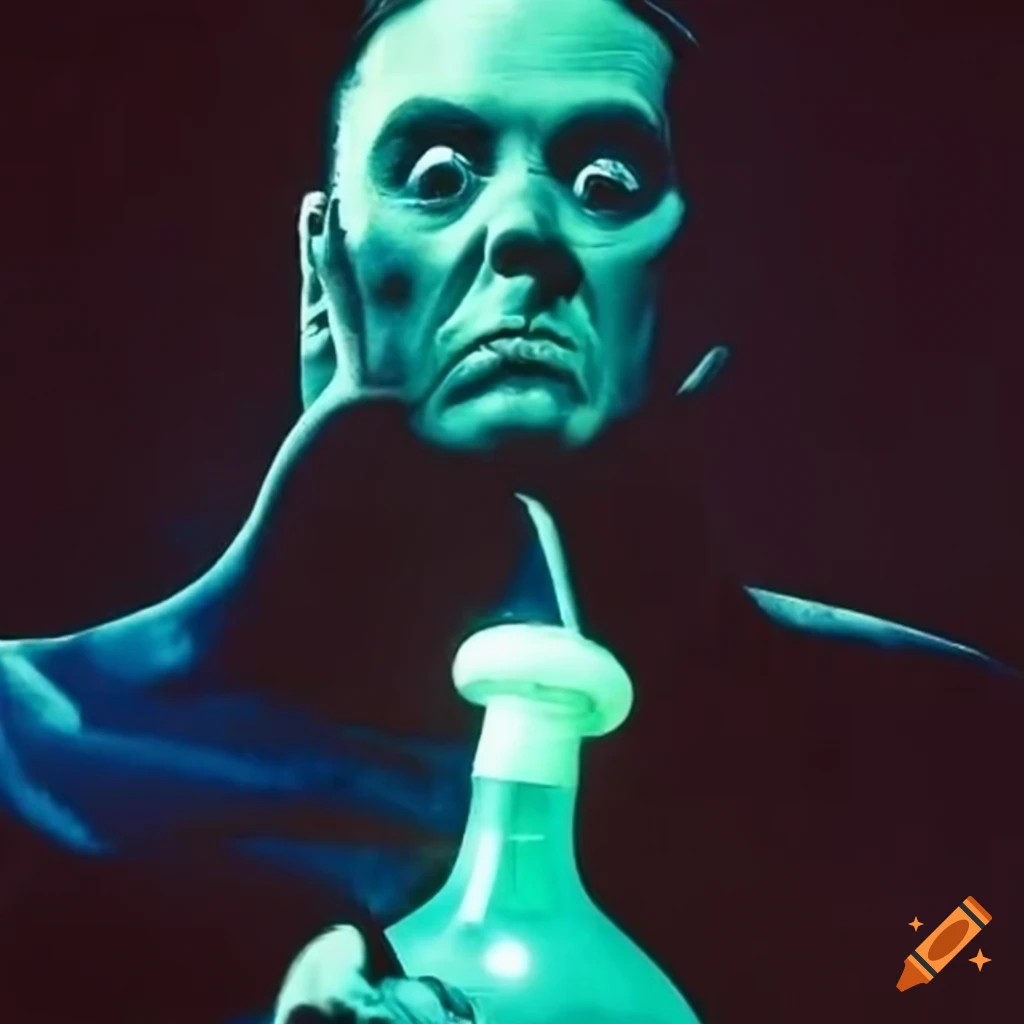 1970s movie poster featuring a frightened man and a glowing alien genie ...