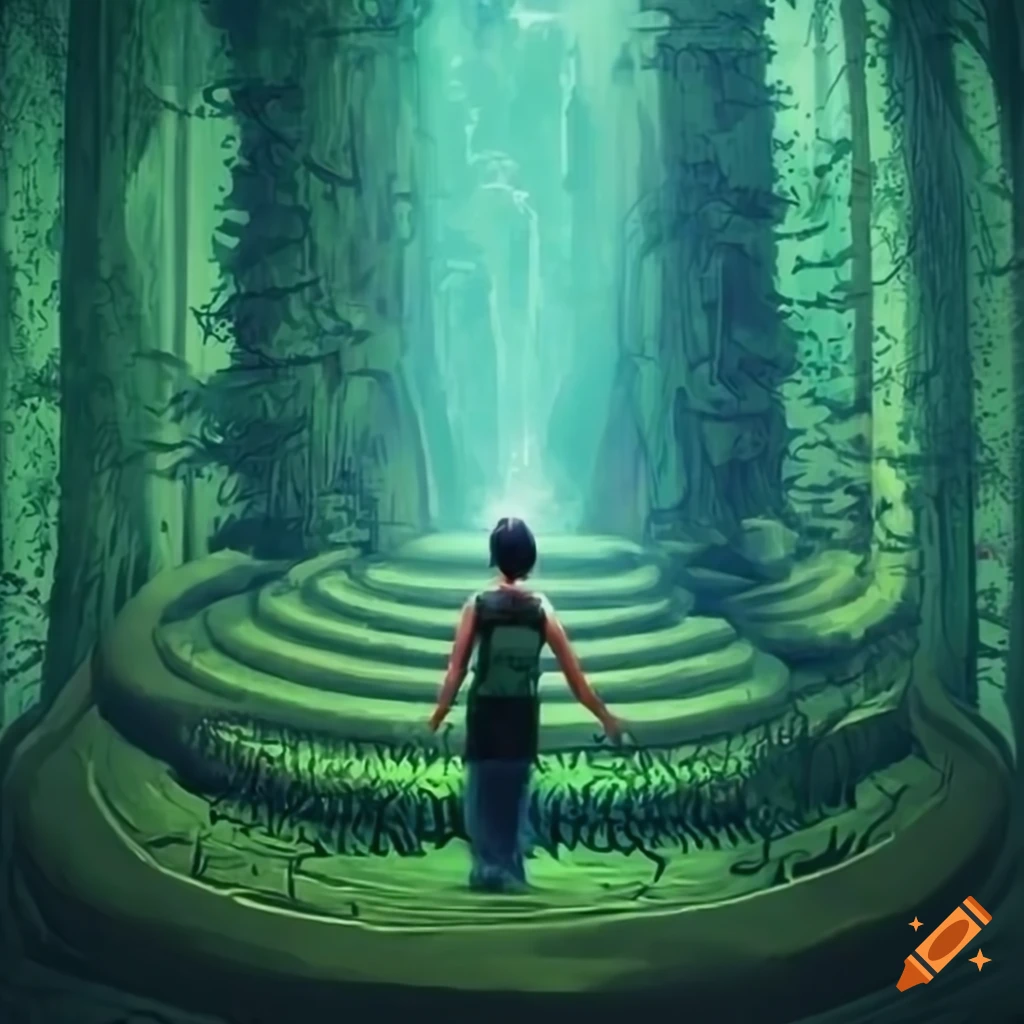 Boy lost in a green maze with a heavenly scenery on Craiyon