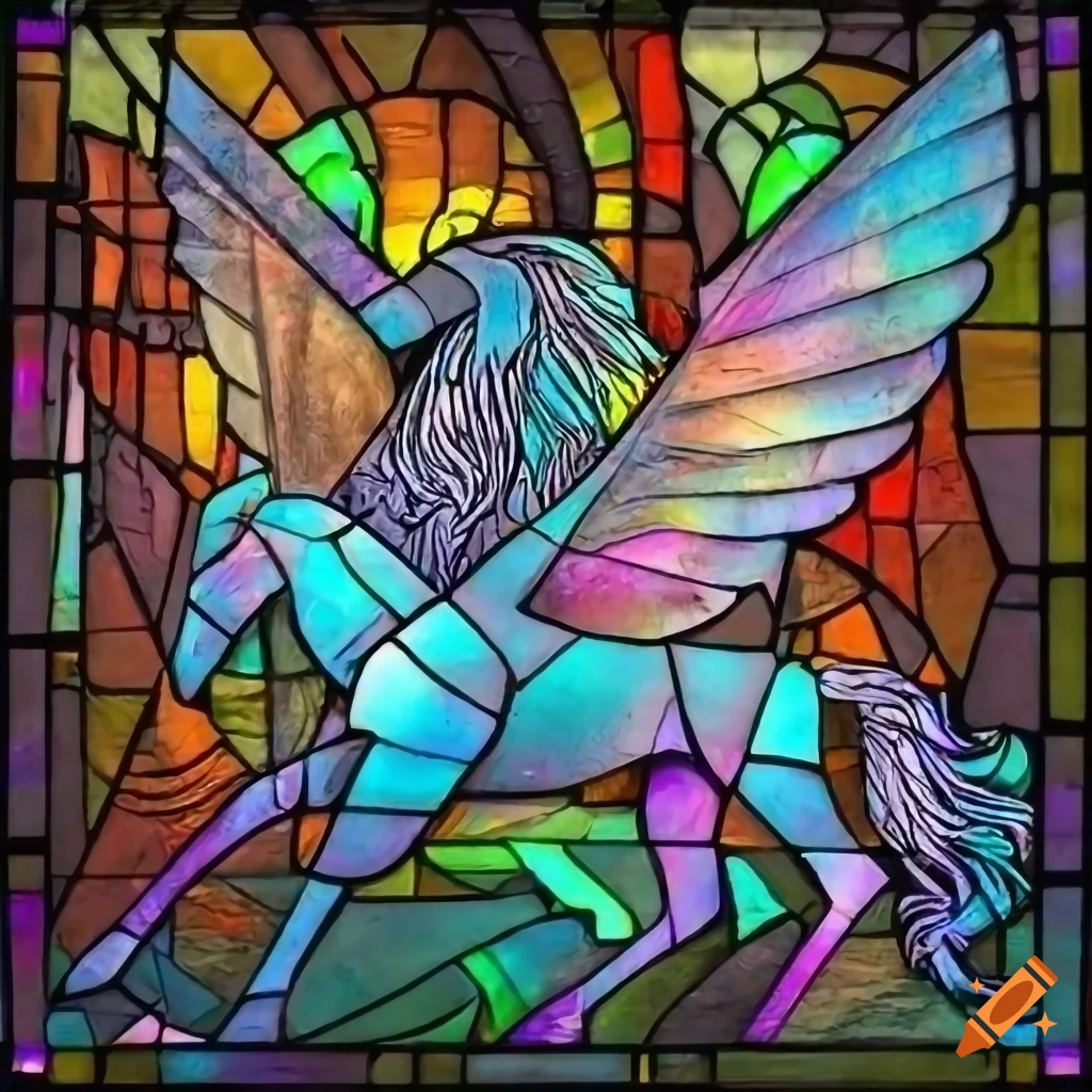 Pegasus graffiti in stained glass style with a medieval cyberpunk twist and holographic shades ...