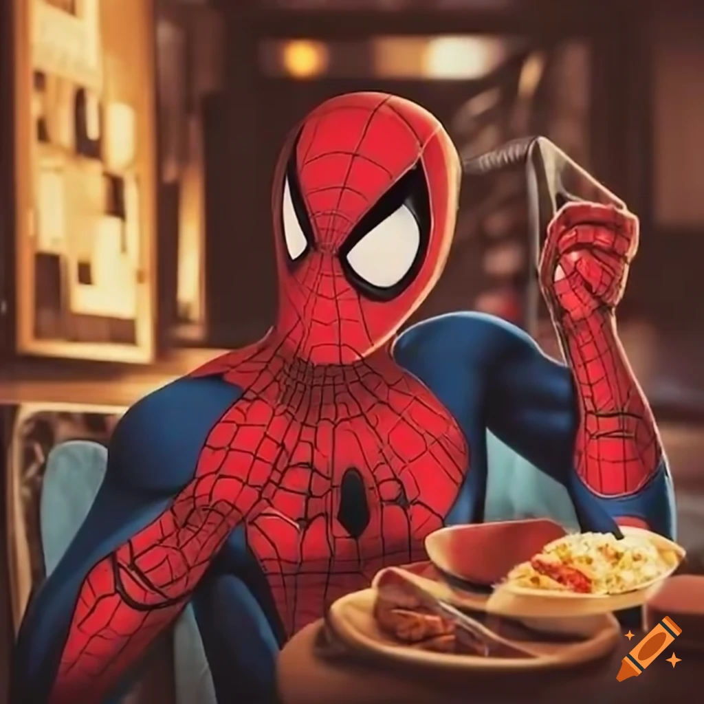 Spider-man sitting on a chair in a restaurant setting on Craiyon