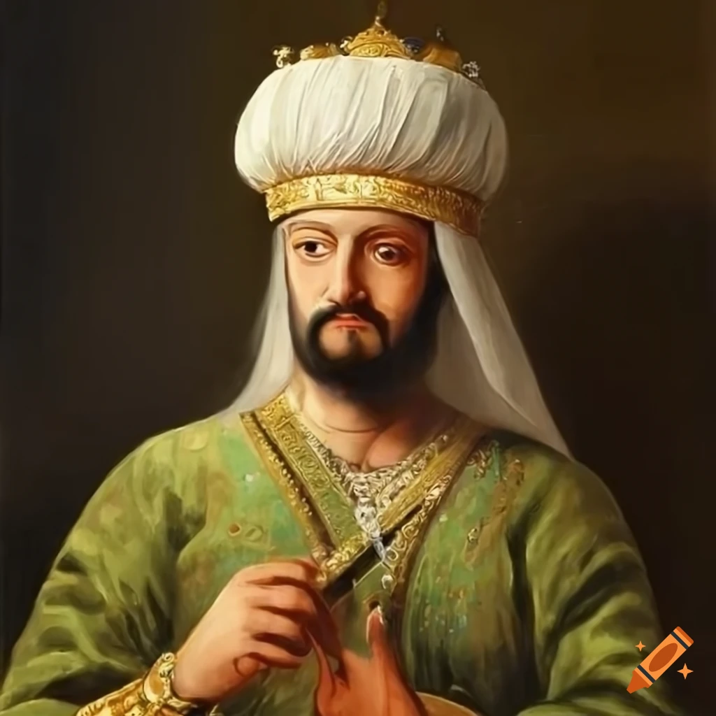 Oil painting of an early medieval Persian king in royal attire on Craiyon