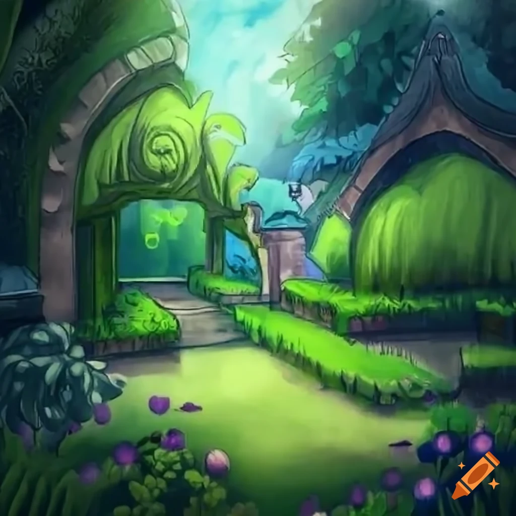 Garden setting in a high-quality video game on Craiyon