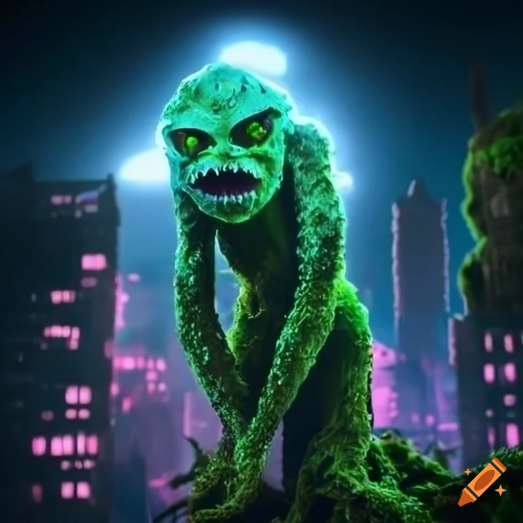 Biopunk cityscape with green moss, plants, mushrooms, and cyborg ...