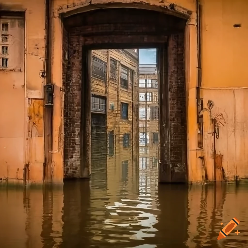 Close-up view of flooded doorway with abandoned buildings sinking into ...
