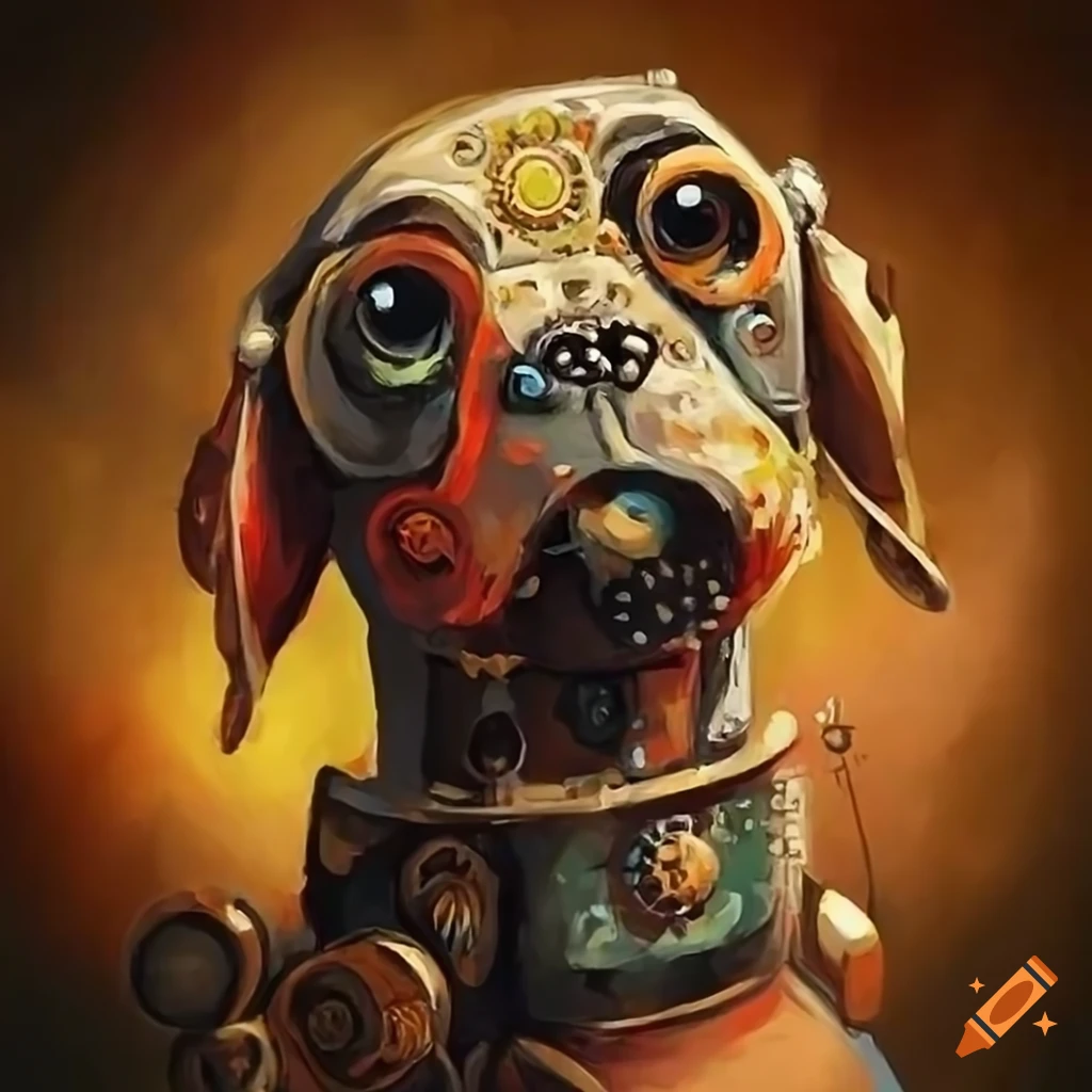 Adorable steampunk-inspired robot dog painting on Craiyon