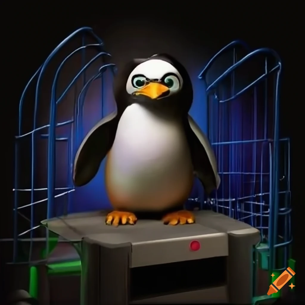 Penguin playing computer in a cage on Craiyon