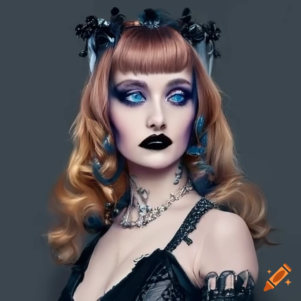 Elegant goth woman with striking blue eyes and wavy golden hair on Craiyon