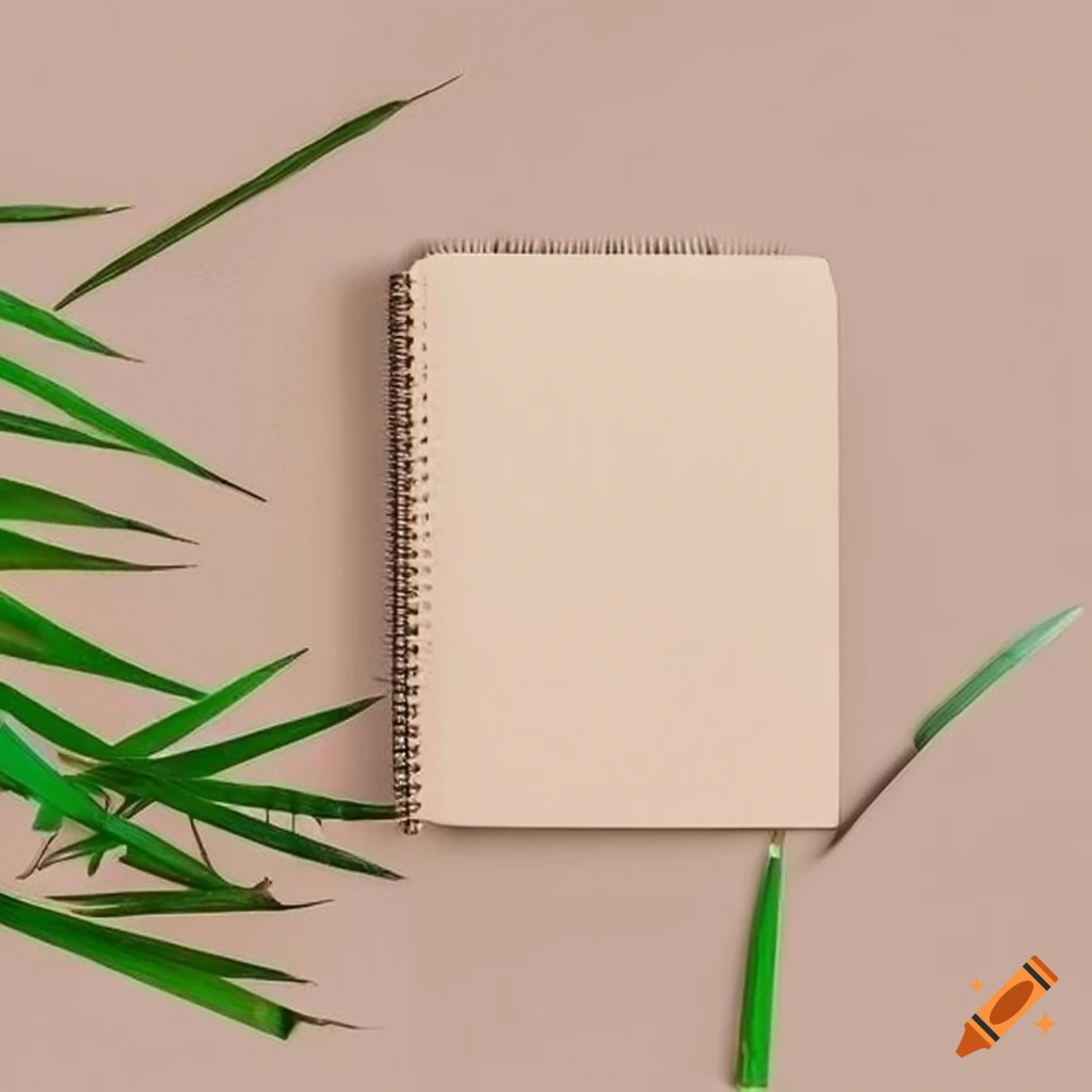 Aesthetic beige notebook surrounded by bamboo leaves and bamboo on Craiyon