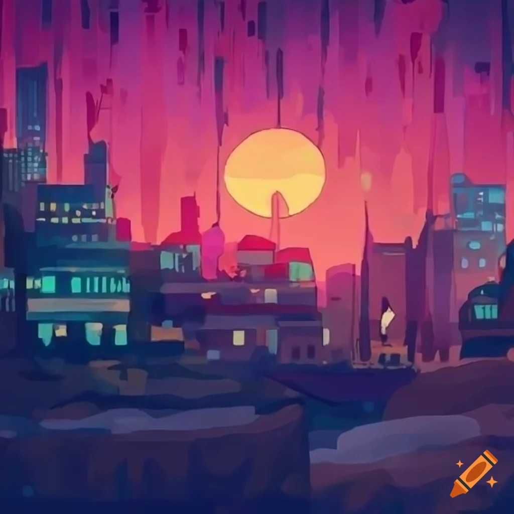 Abstract cityscape in ghibli style with warm lighting and relaxing ...