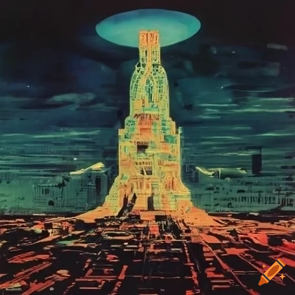 70s sci-fi art of a bombarding city megastructure on Craiyon