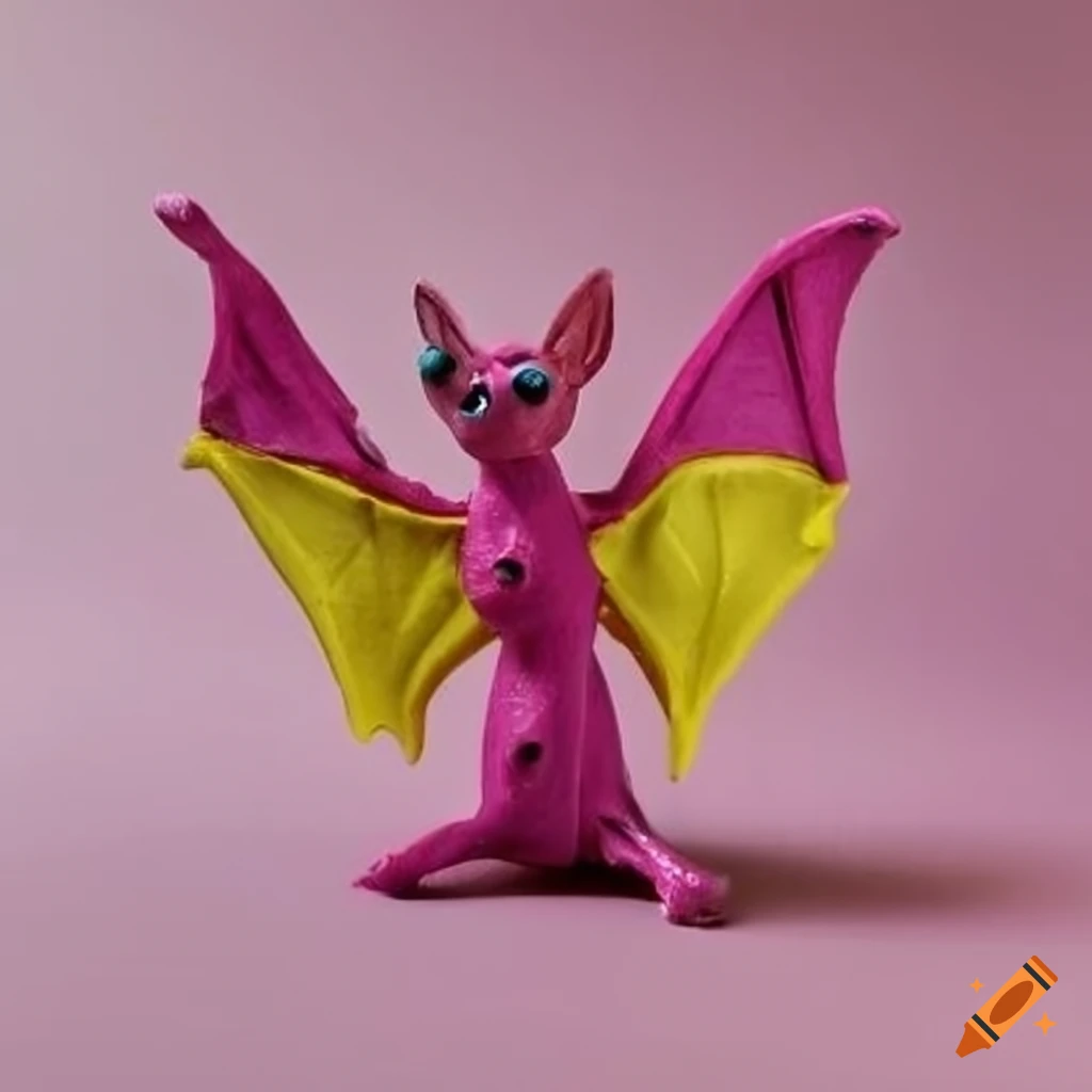 Pink and yellow spotted bat sculpture made from plasticine on Craiyon