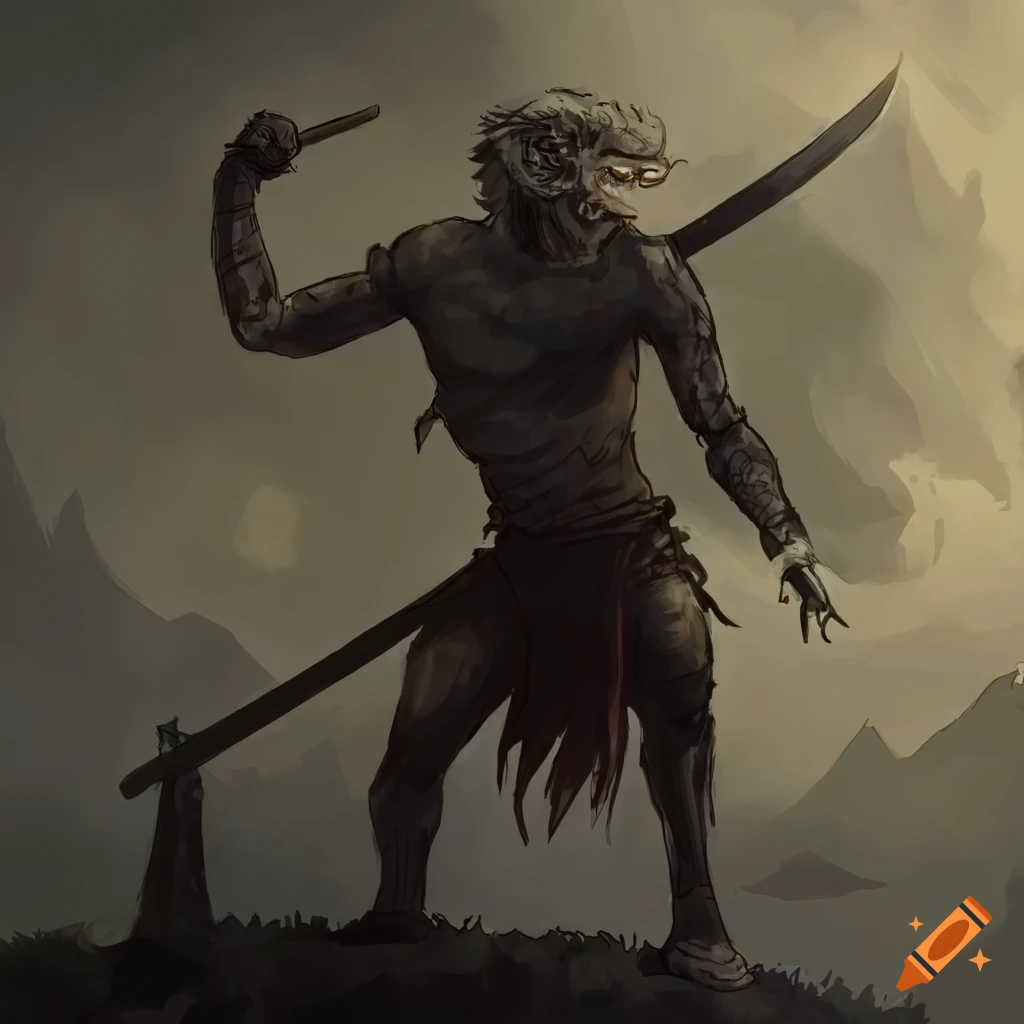 Monster warrior with one eye wielding a sword in the mountains on Craiyon