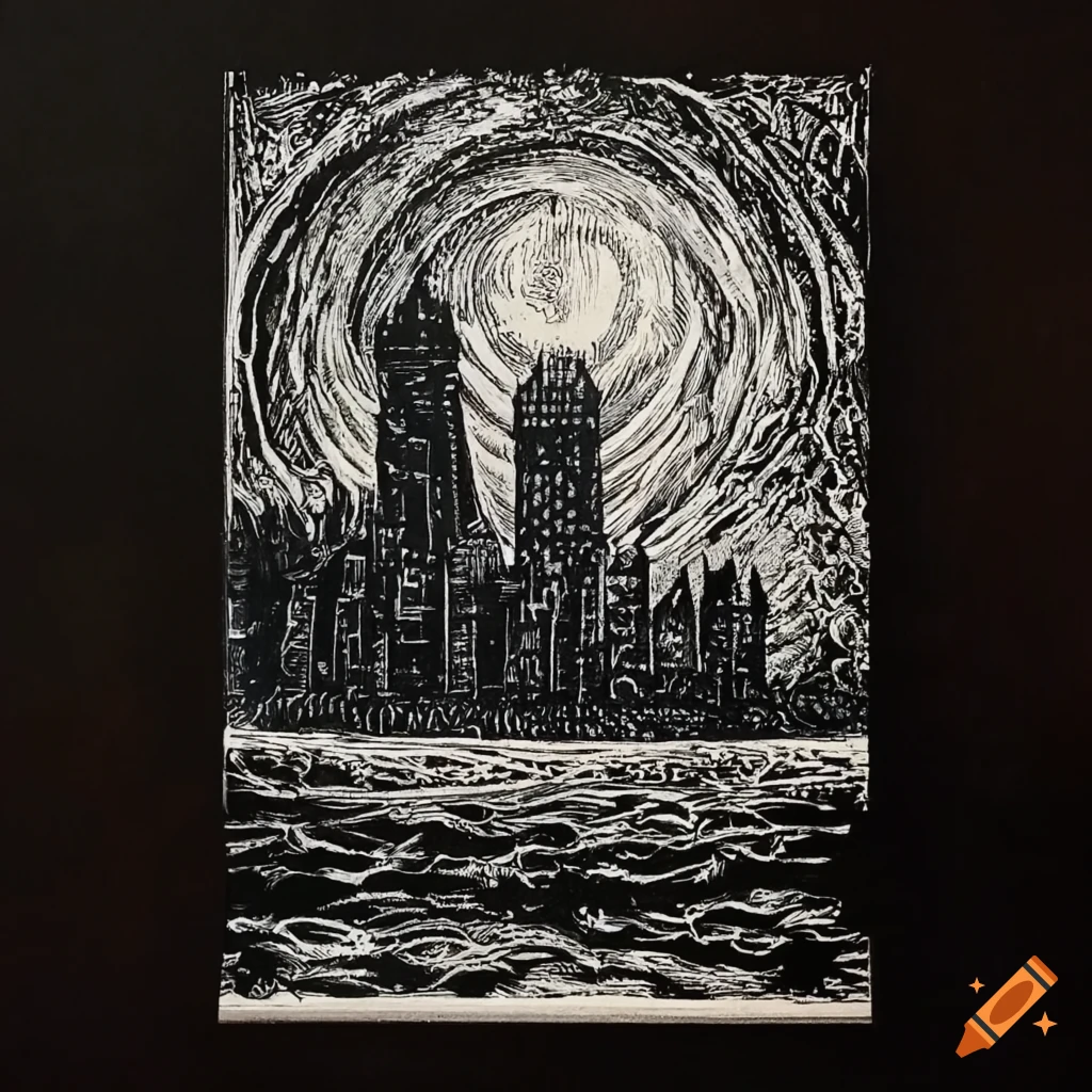 Linocut art depicting the mystical city from h.p. lovecraft's tales on ...