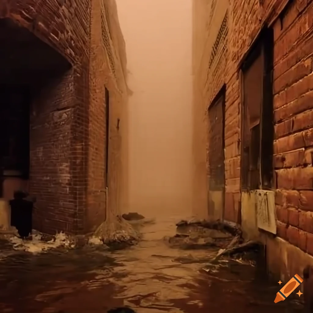 View of flooded brick doorway with sinking buildings into ocean in ...
