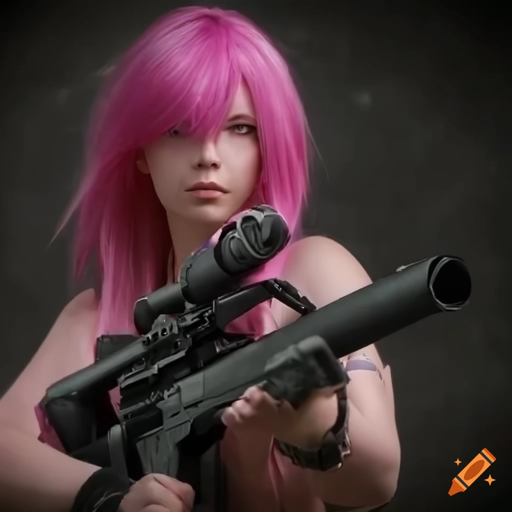 Pink haired girl with sniper rifle in tactical gear on Craiyon