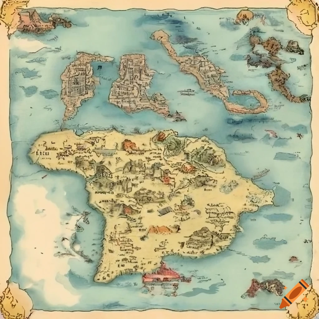 Fantasy map of an island surrounded by the ocean on Craiyon