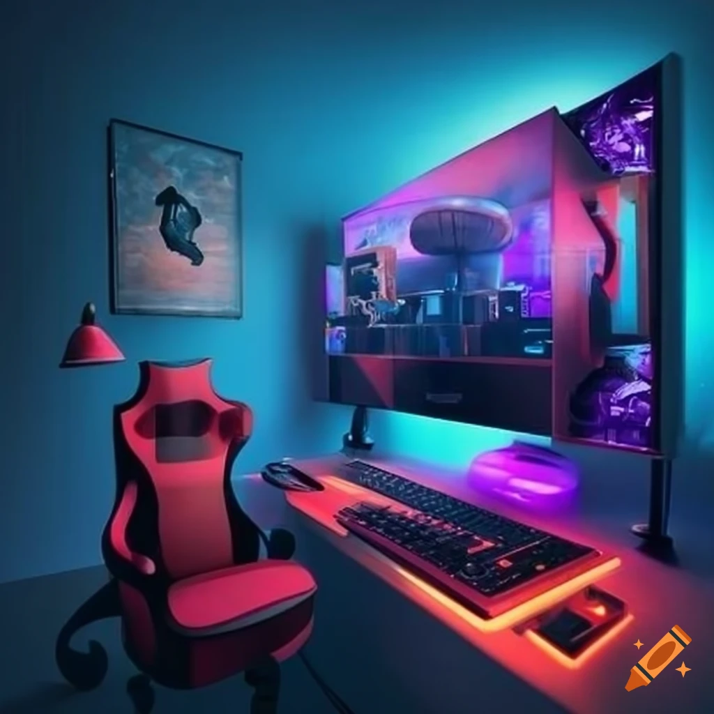 Modern gaming room with computers and game collectibles on Craiyon