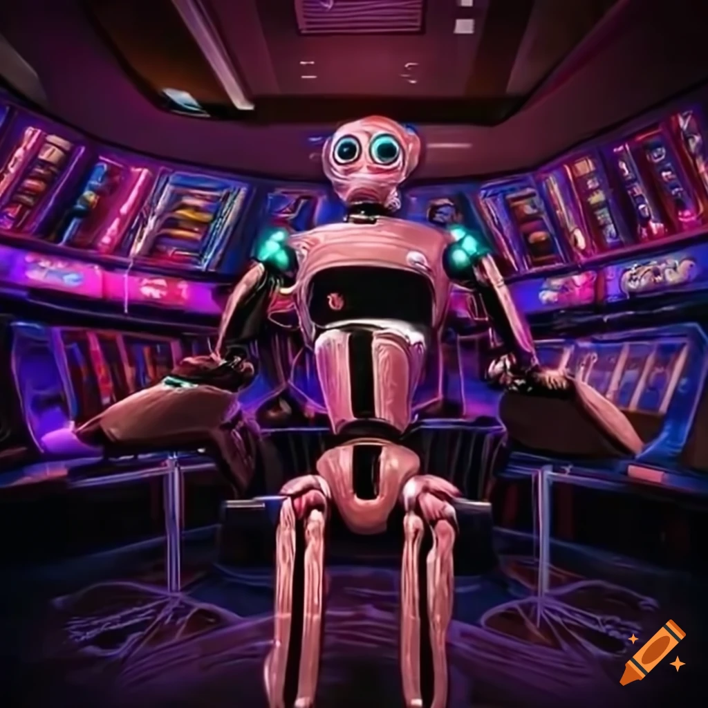 Robot made of casino items with neon claws in a casino on Craiyon