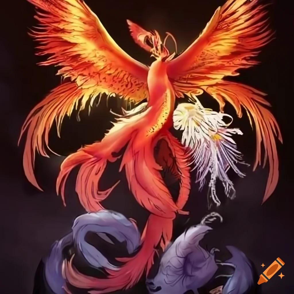 Nine-tailed fox and phoenix with spider lily on Craiyon