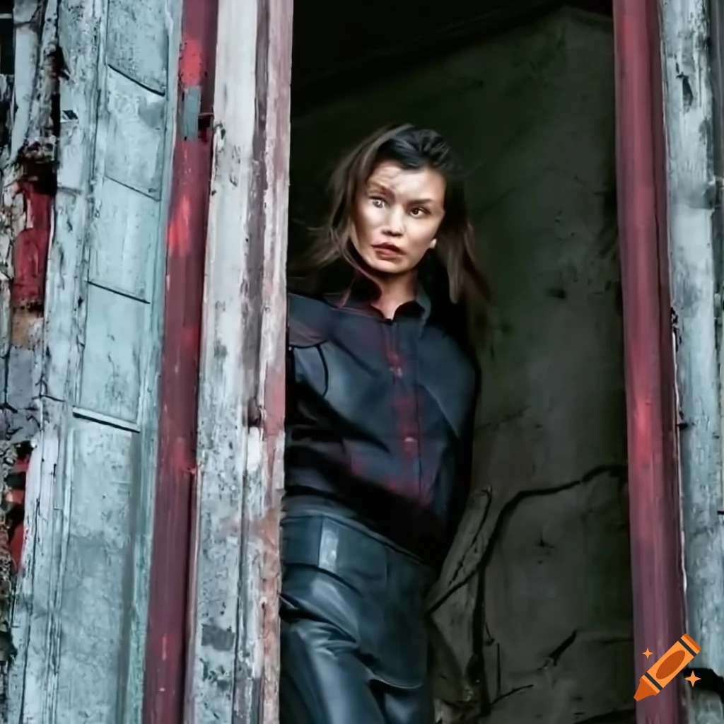 Actress In Red Plaid Shirt And Black Leather Trousers Peeking Through A Derelict Building Door