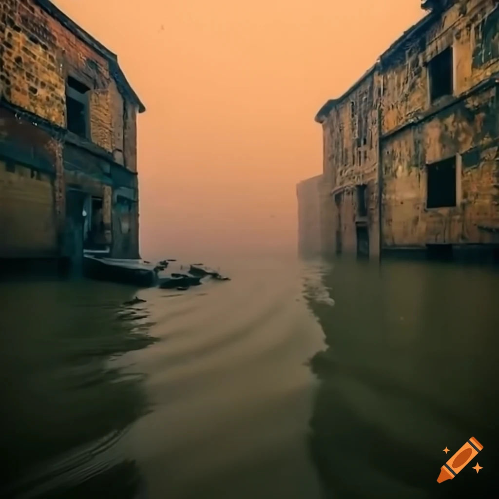 Close-up view of flooded crumbling doorway with sinking brick buildings ...