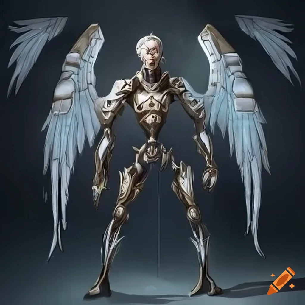 Mechanical humanoid with fan-like wings and 4 arms in a fantasy setting ...