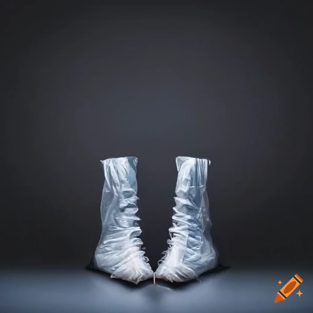 Boots made out of plastic bags, front view on Craiyon
