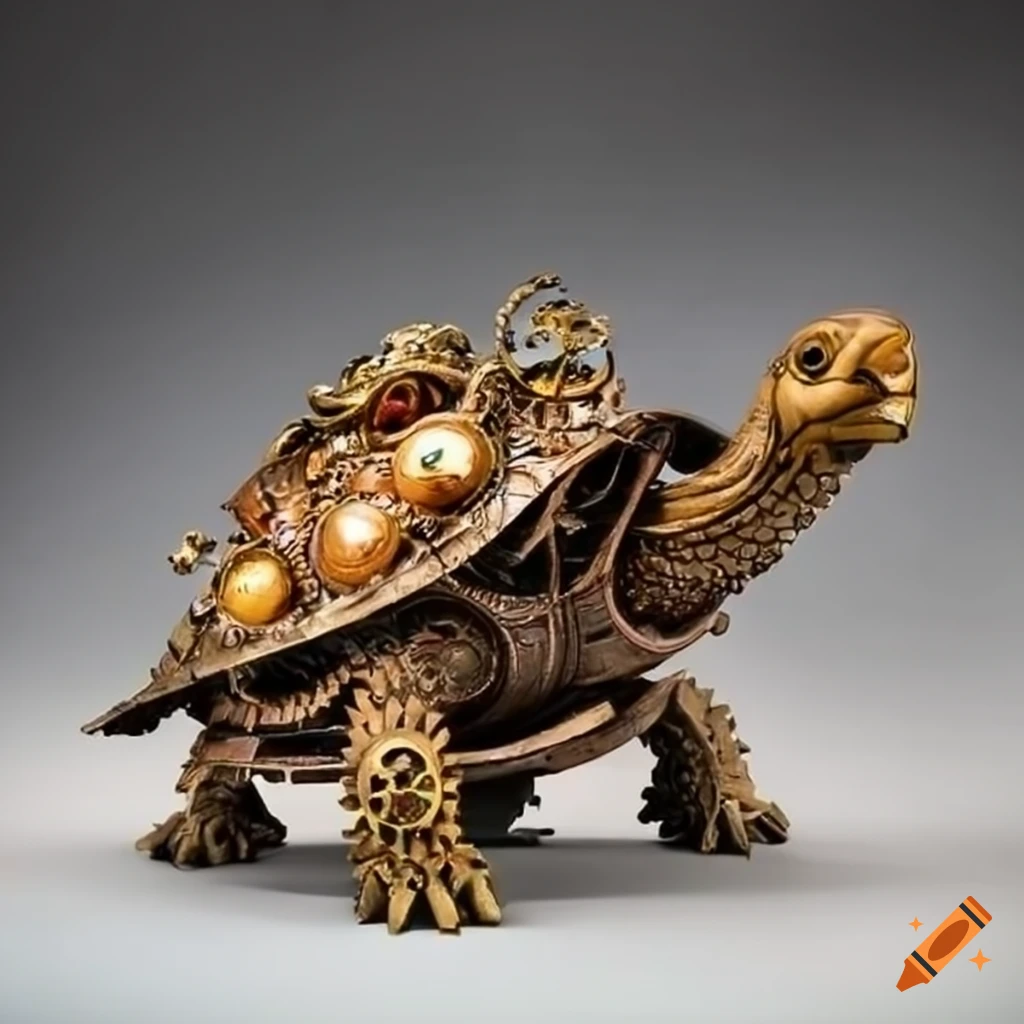 Intricately designed steampunk turtle sculpture on Craiyon
