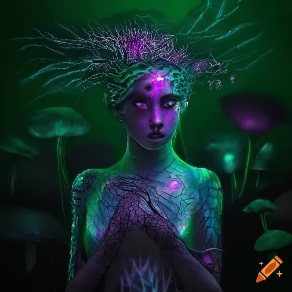 Glowing biopunk cityscape with cyborg mermaid goddesses in a futuristic ...