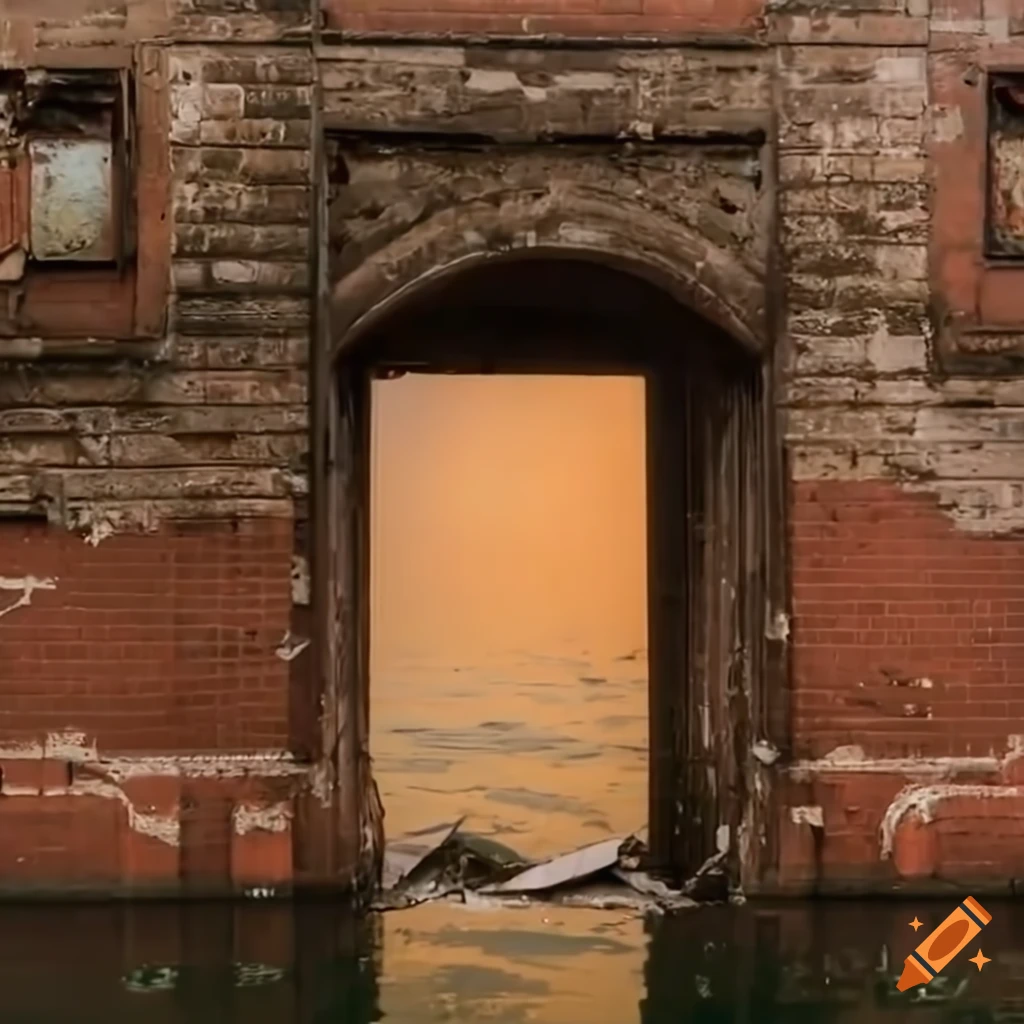 Close-up of flooded brick doorway with abandoned buildings sinking into ...