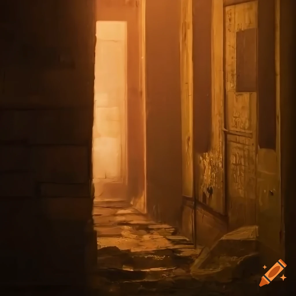 Close-up of flooded brick storefront doorway with abandoned buildings ...