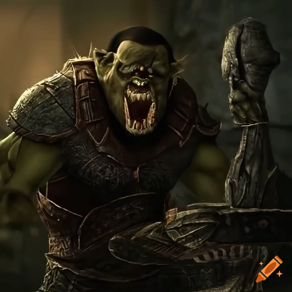 Skyrim orc at a blacksmith shop on Craiyon