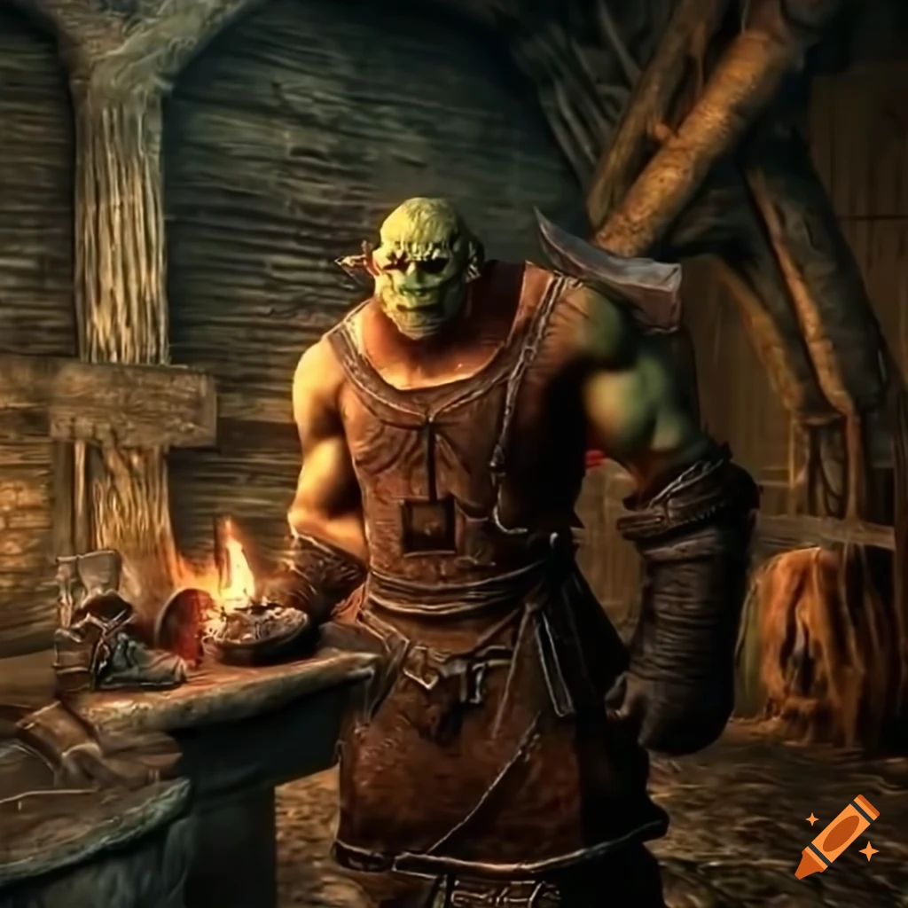 Muscular Orc blacksmith surrounded by tools and fires in Skyrim on Craiyon