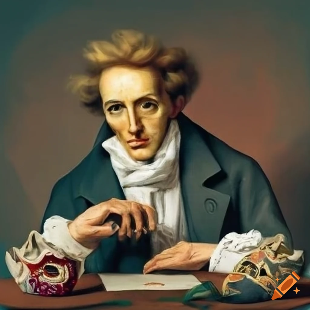 Danish philosopher Søren Kierkegaard at his desk with decorative masks ...