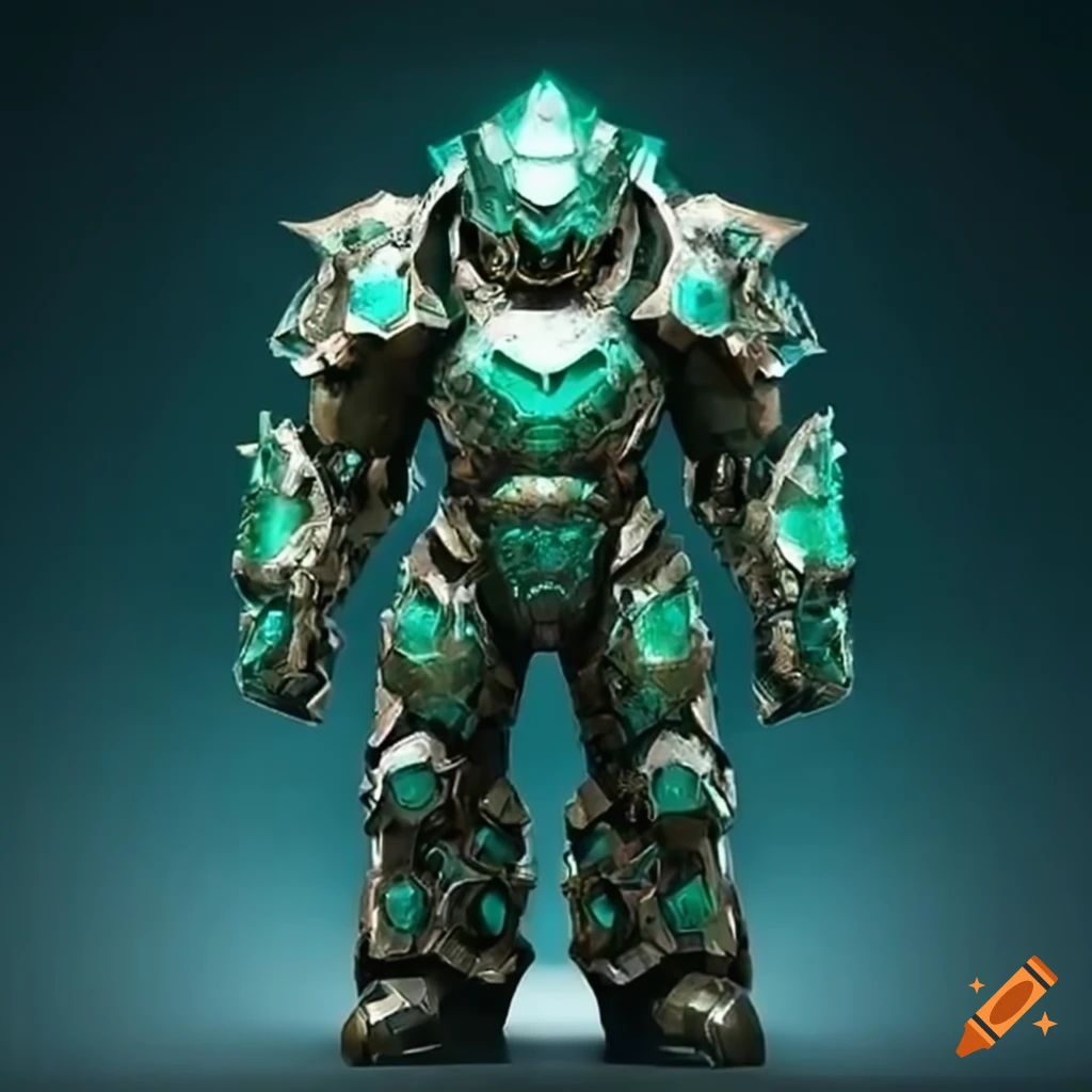 Intense and powerful emerald crystal full-body power armor on Craiyon