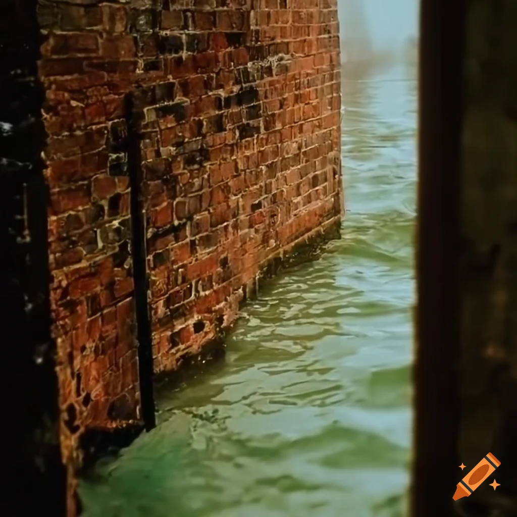 Close-up view of flooded crumbling brick doorway with sinking buildings ...