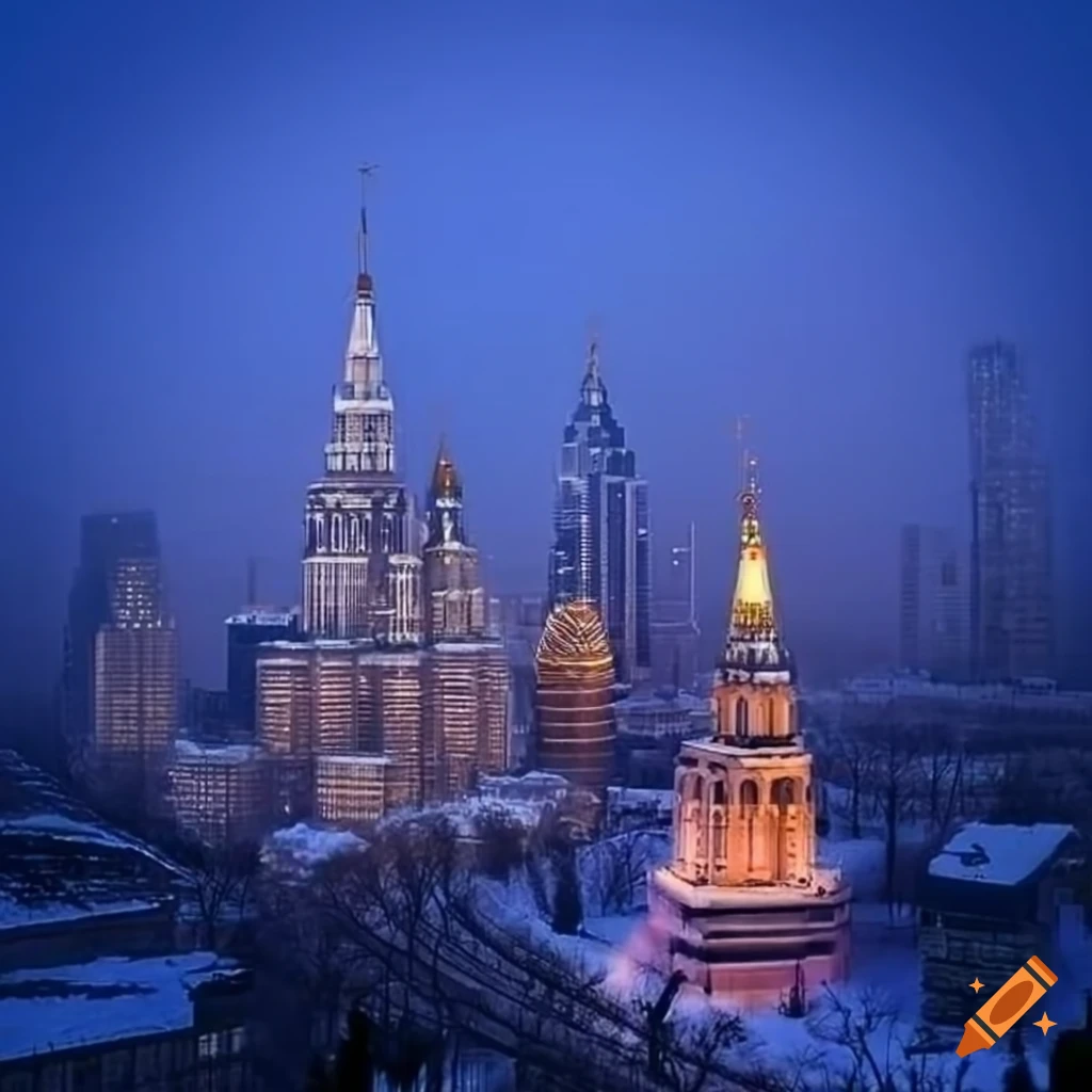 Modern skyscrapers in the capital of Bursia with beautiful city lights ...