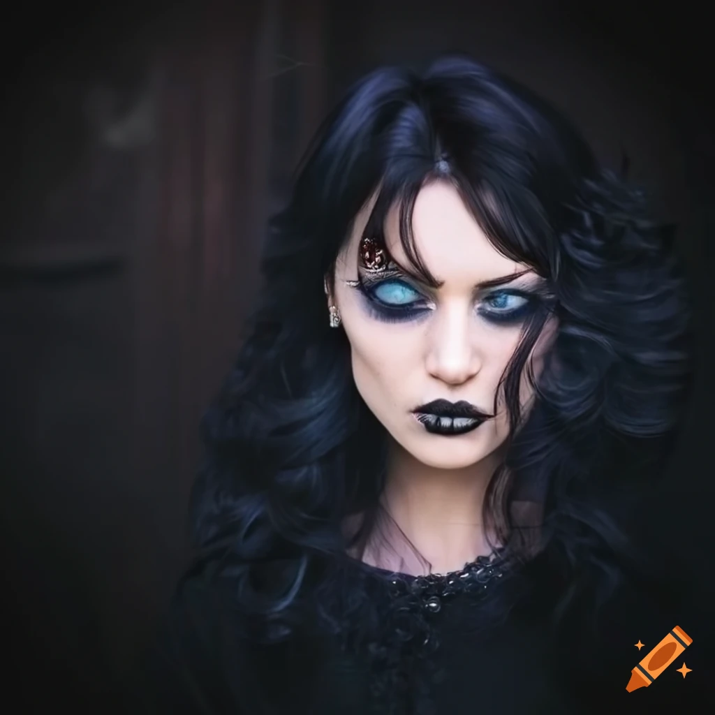 Elegant goth woman with captivating features standing in a hallway on ...