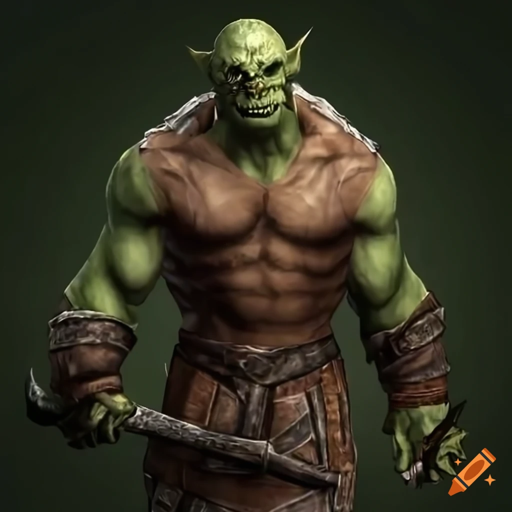 Muscular elder scroll orc blacksmith forging weapons in skyrim on Craiyon