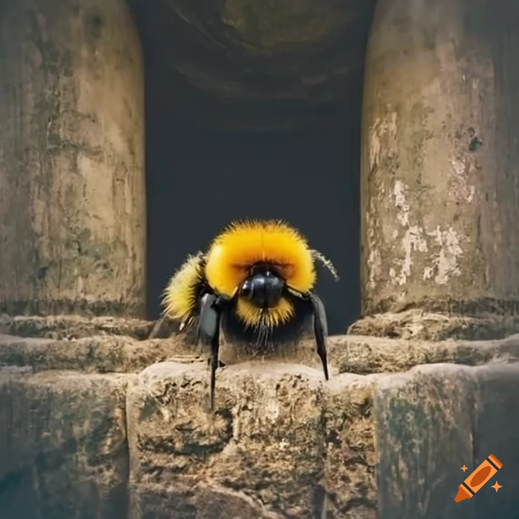 Giant bumblebee between stone pillars in a concrete bunker on Craiyon