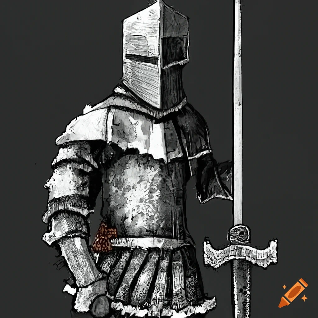 Medieval knight in high contrast black and white in 8-bit style on Craiyon