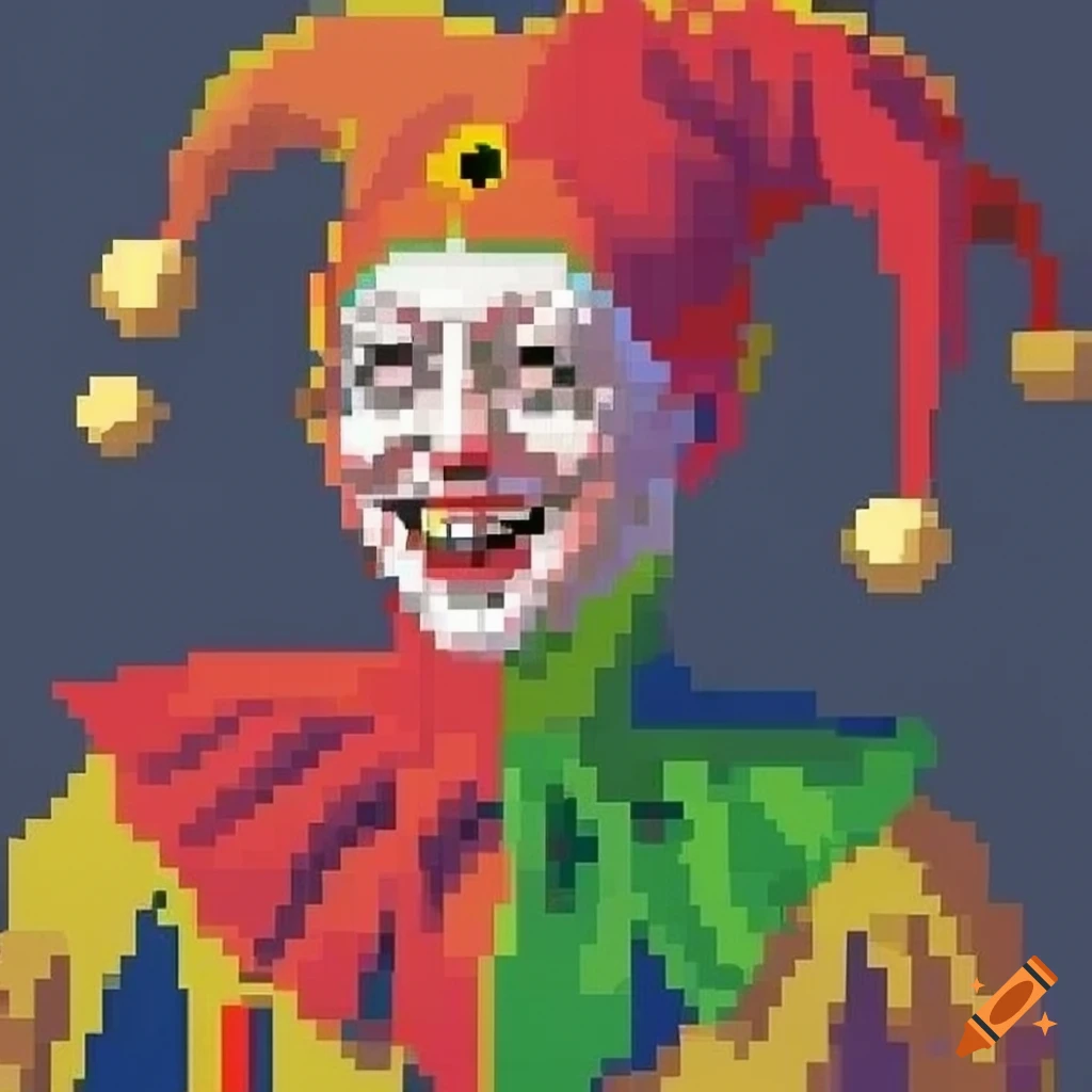 Medieval jester in colorful pixel art style on Craiyon