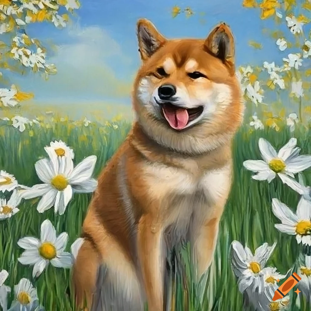 Sesame colored shiba inu sitting among daisies, dogwood, and daffodils ...