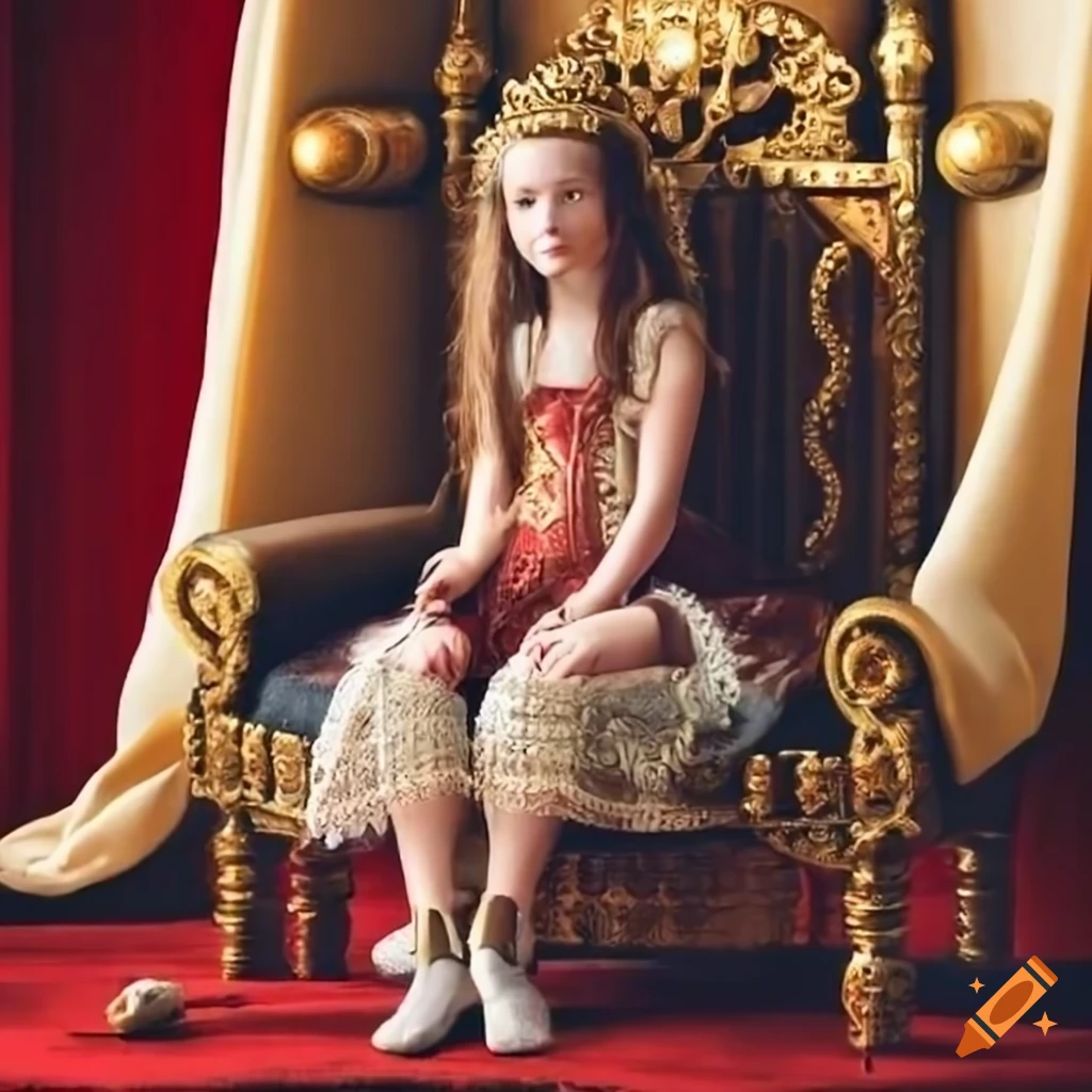 Girl sitting on a throne with royal attire on Craiyon