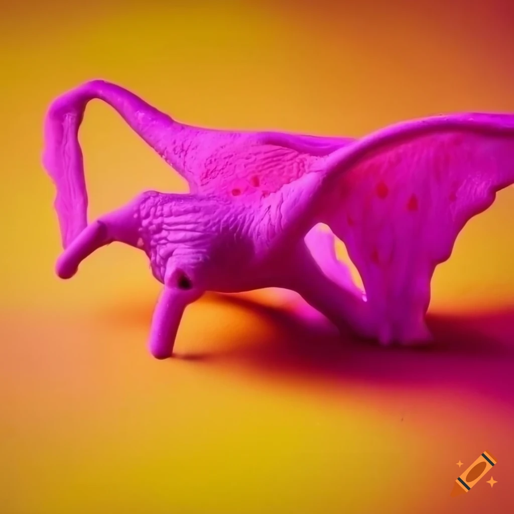 Vibrant pink creature with bat wings and yellow spots made from ...