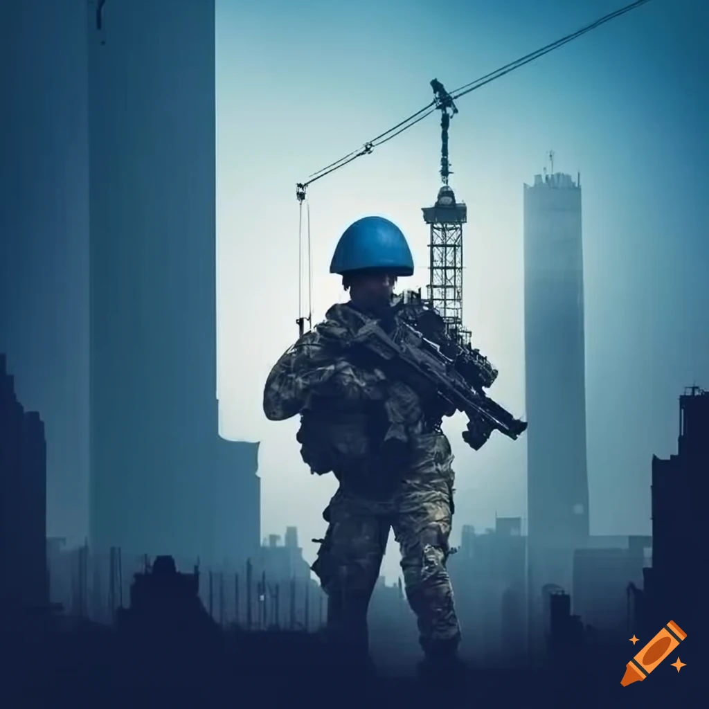 Us army soldiers in blue hard hats at construction site with towers on ...