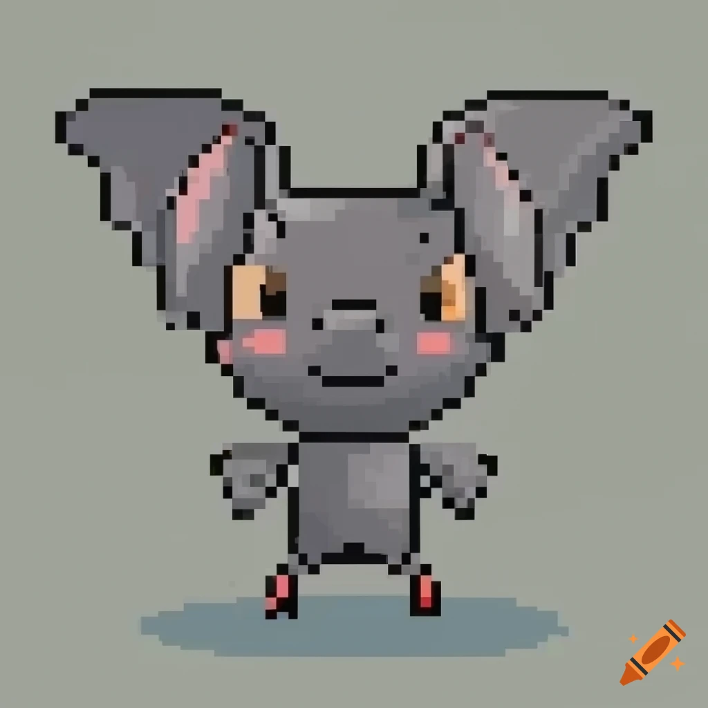 Smiling grey cartoon bat hanging in pixel art on Craiyon