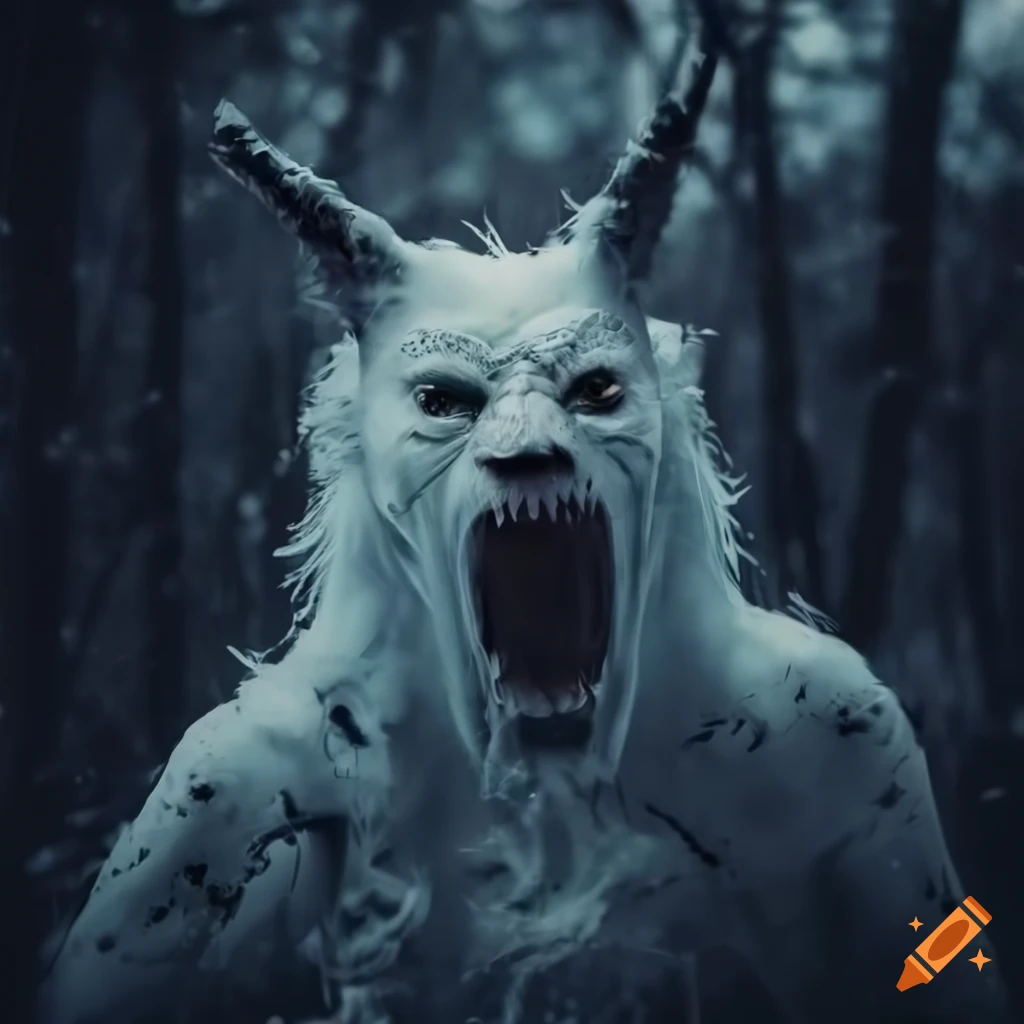 White horned snow demon in a dark snowstorm forest on Craiyon