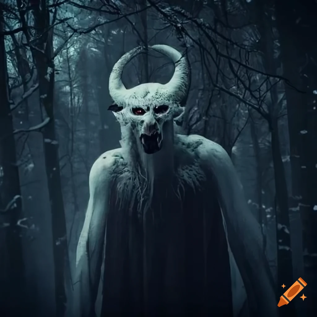Vintage image of a strong white horned demon in a snowy forest on Craiyon