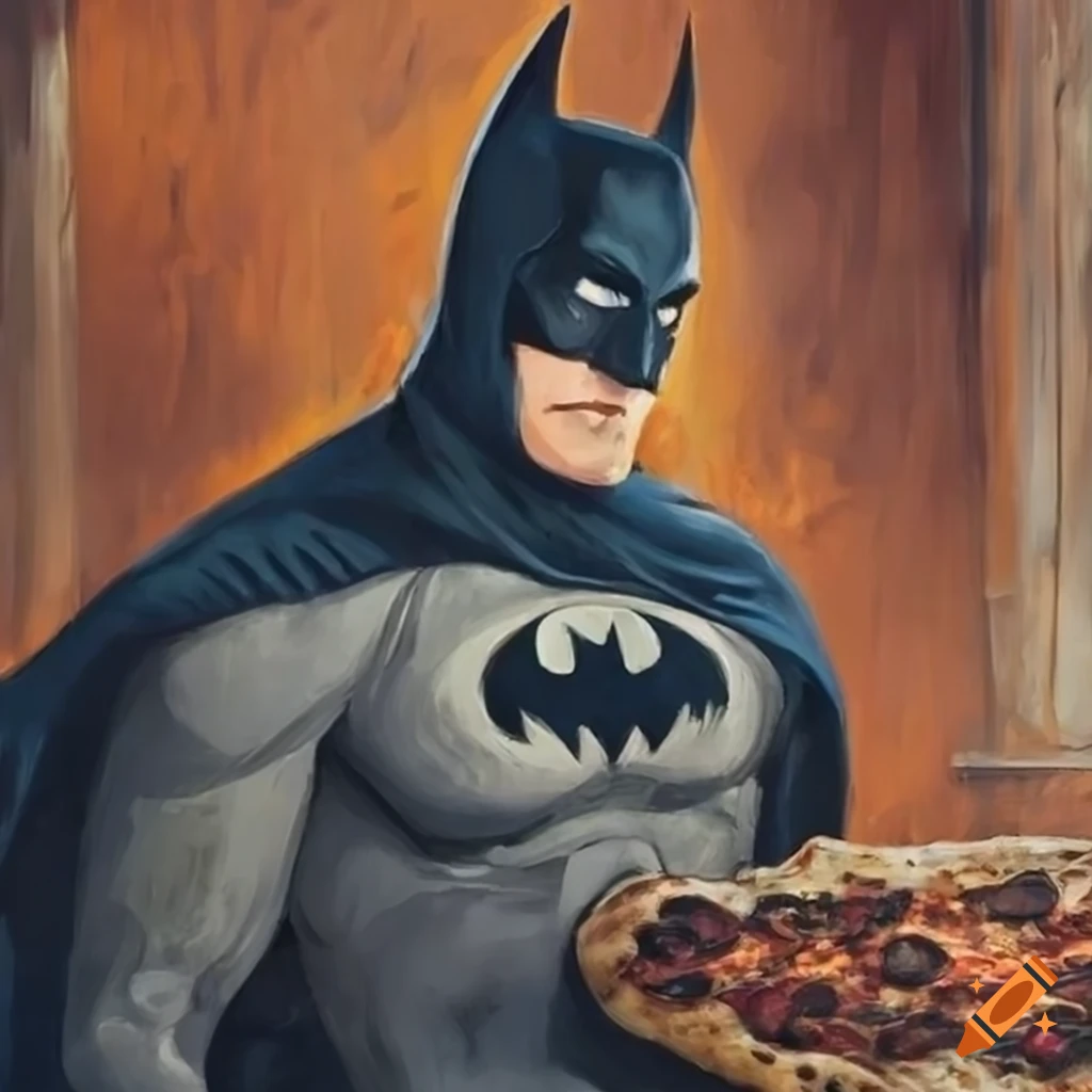 Batman enjoying pizza in an italian-style painting on Craiyon